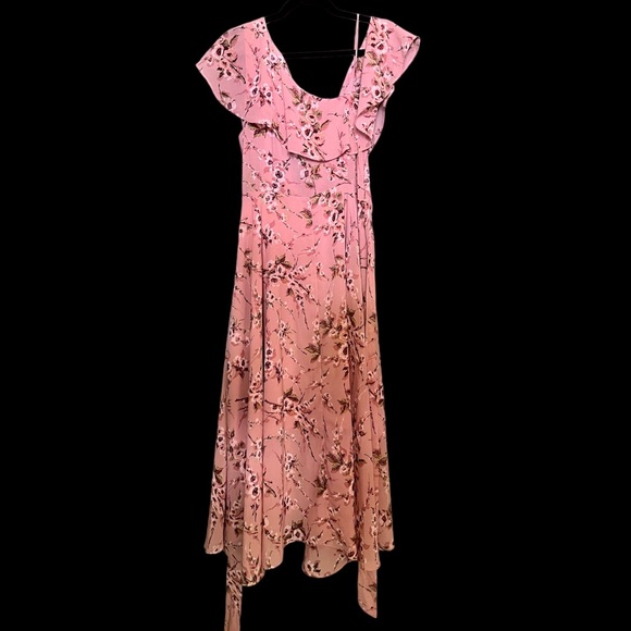 Wayf | Dresses | Wayf Pink Floral Chiffon V Neck Tiered Tie Wrap Dress ...